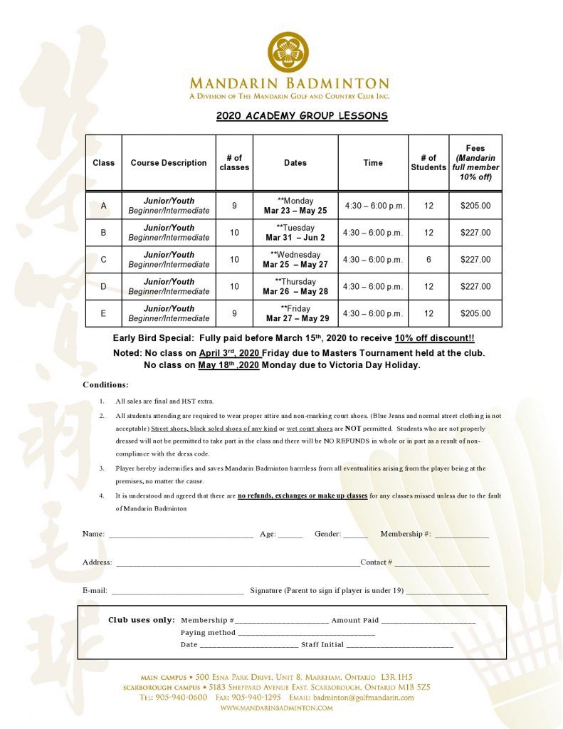 LESSONS – Mandarin Badminton Club